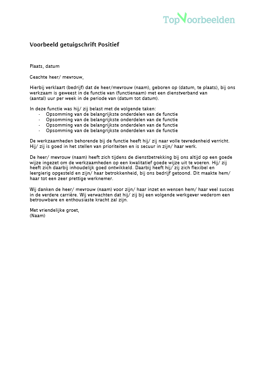 Voorbeeld getuigschrift