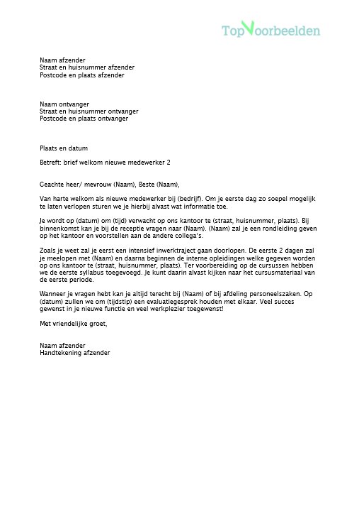 Brief welkom nieuwe medewerker