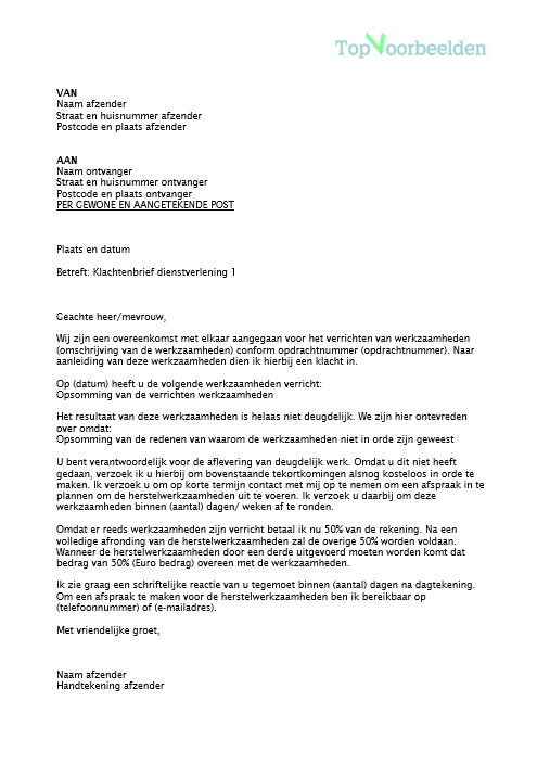 klachtenbrief dienstverlening
