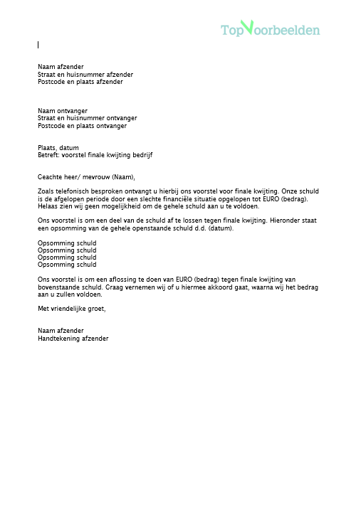 Brief finale kwijting