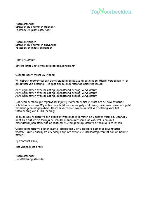 Brief uitstel van betaling Brief uitstel van betaling
